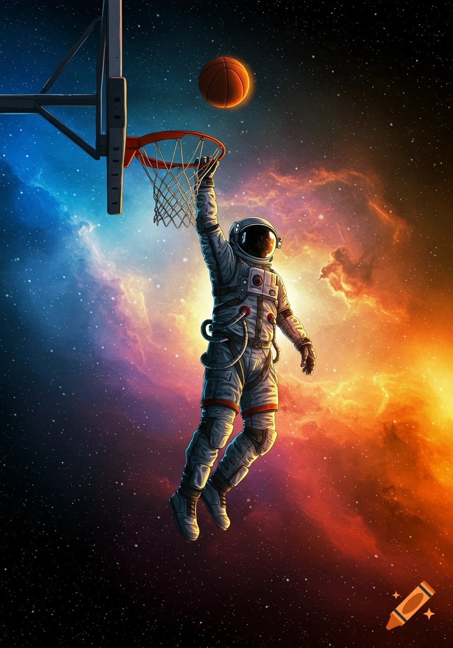 Astronaut dunking a basketball in space against a colorful nebula ...