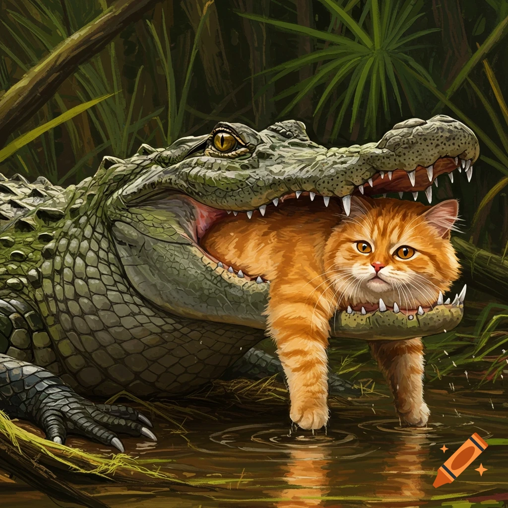 Cougar interacting with alligator on Craiyon