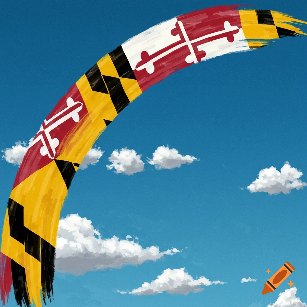 Maryland flag depicted as a paintbrush stroke in the sky with clouds ...