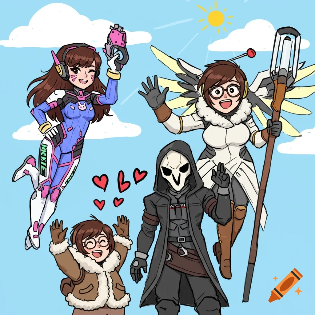 Doodle of D.Va, Mei, Reaper, and Mercy on Craiyon