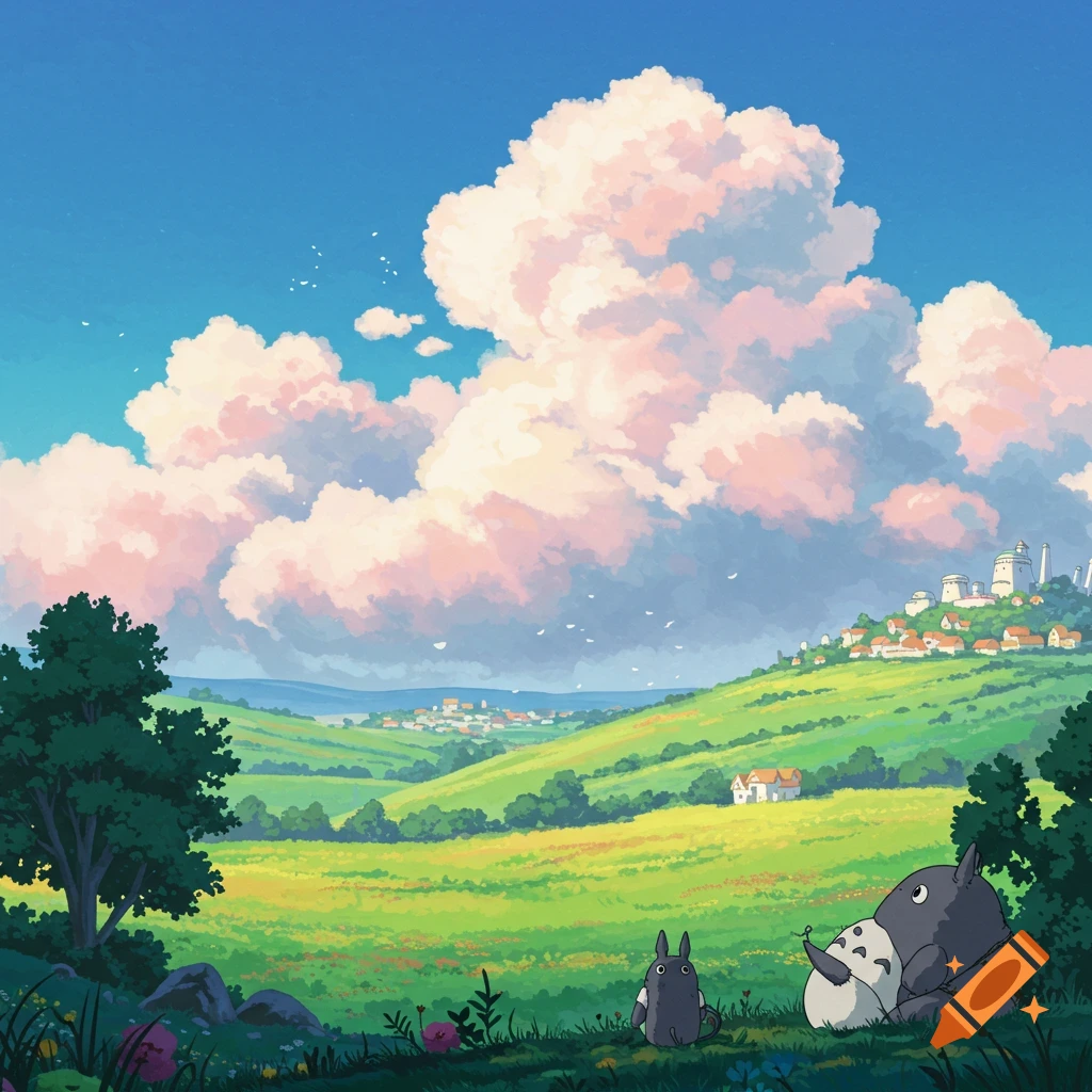 Anime illustration of Totoro and friends sitting in a field looking at ...