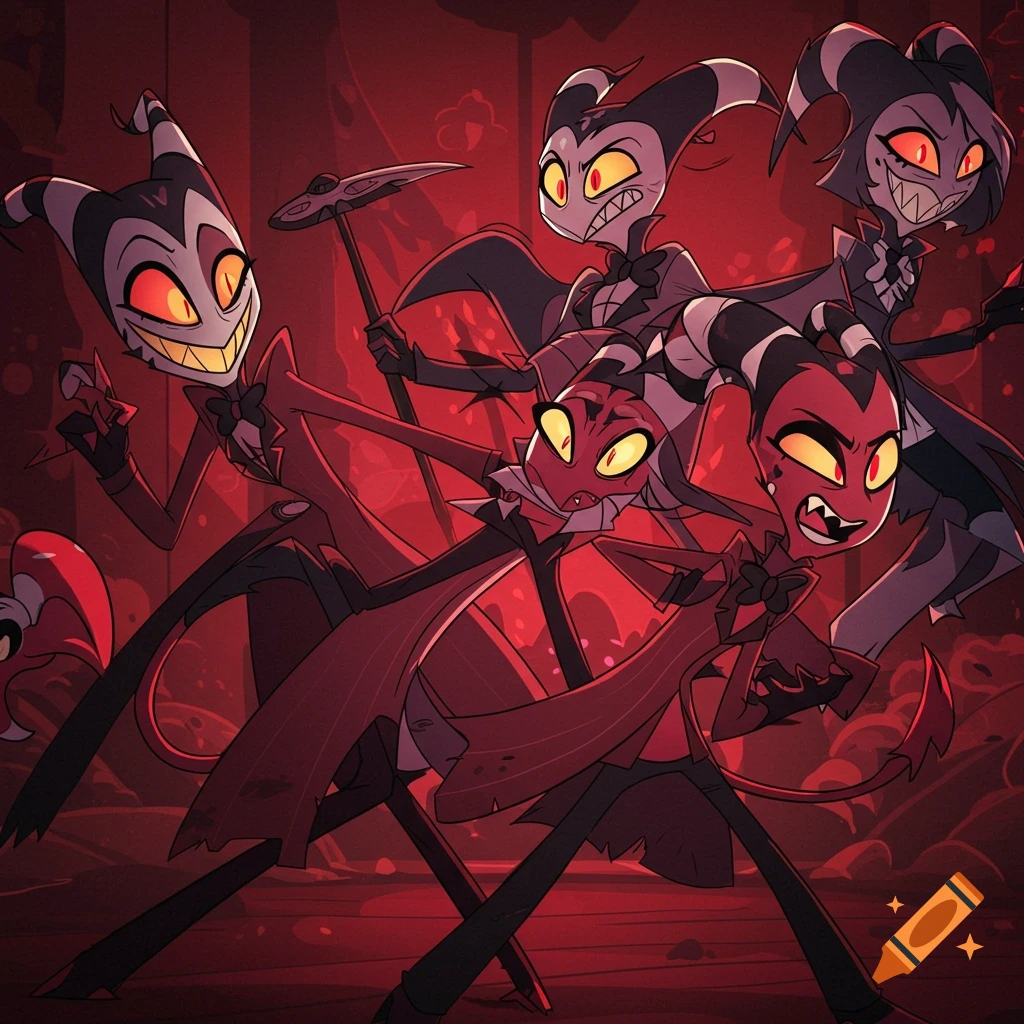 Animated characters from Helluva Boss in a dynamic pose against a red ...
