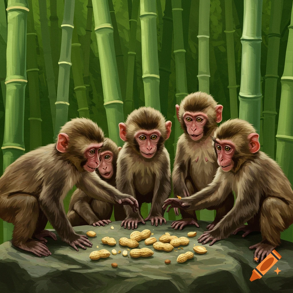 An illustration of five monkeys sitting around a rock, eating peanuts ...