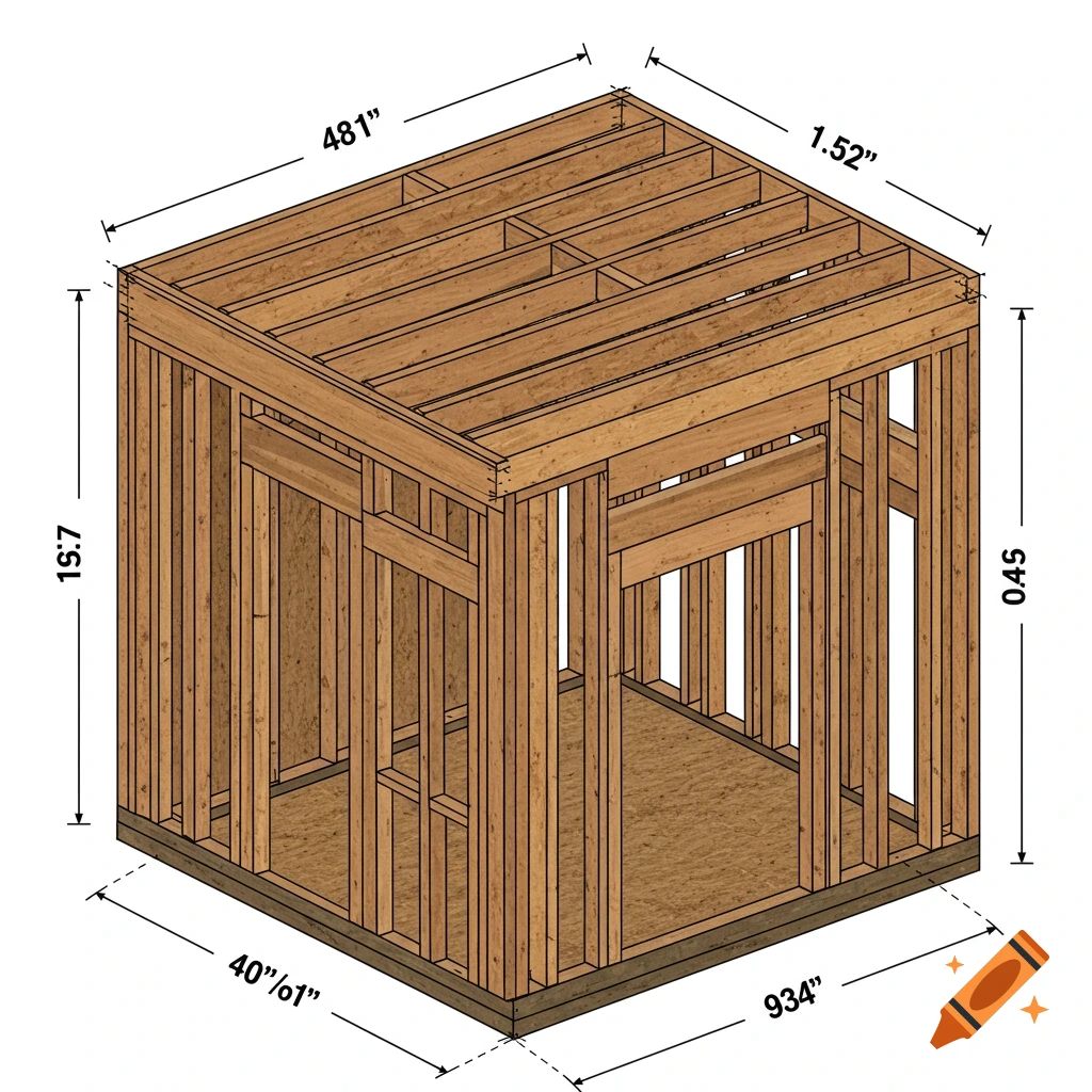 3D render spec drawing of a structure with measurements, studs, nailing ...