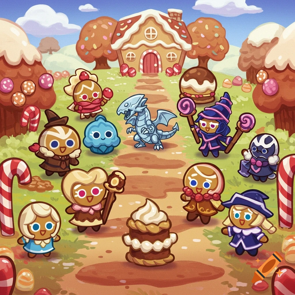 Cartoon cookie character in chef hat holding a lollipop in a candy land ...