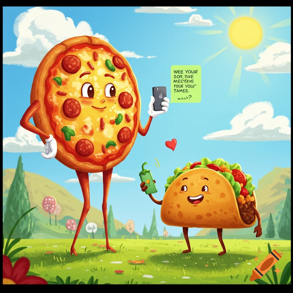 Giant pizza with legs texting taco for lunch on Craiyon