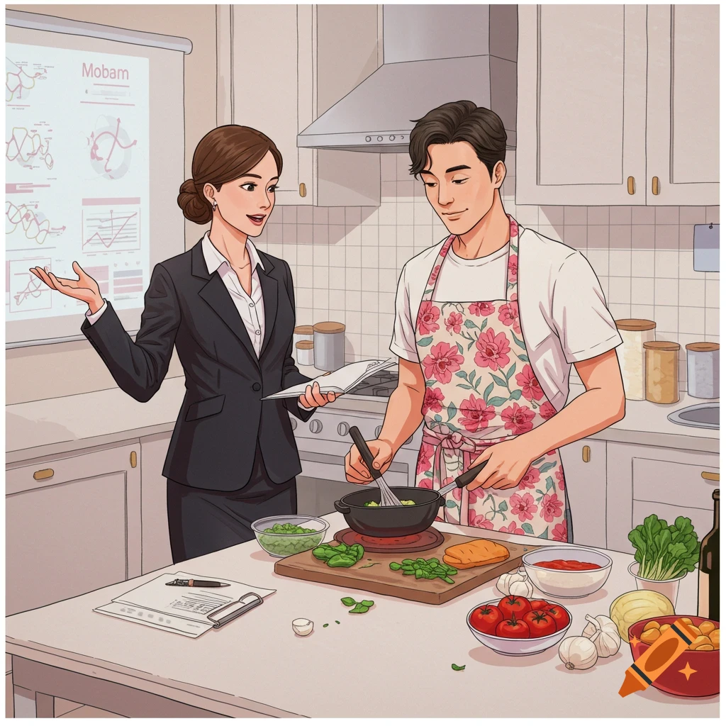 An illustrated scene of a man cooking in a kitchen while a woman ...