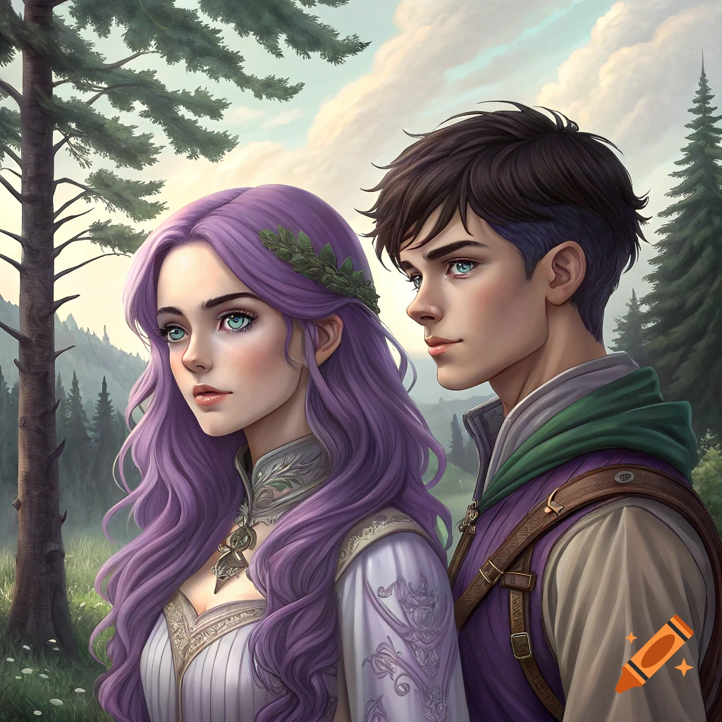 Illustration of a fantasy couple standing in a forest clearing. on Craiyon