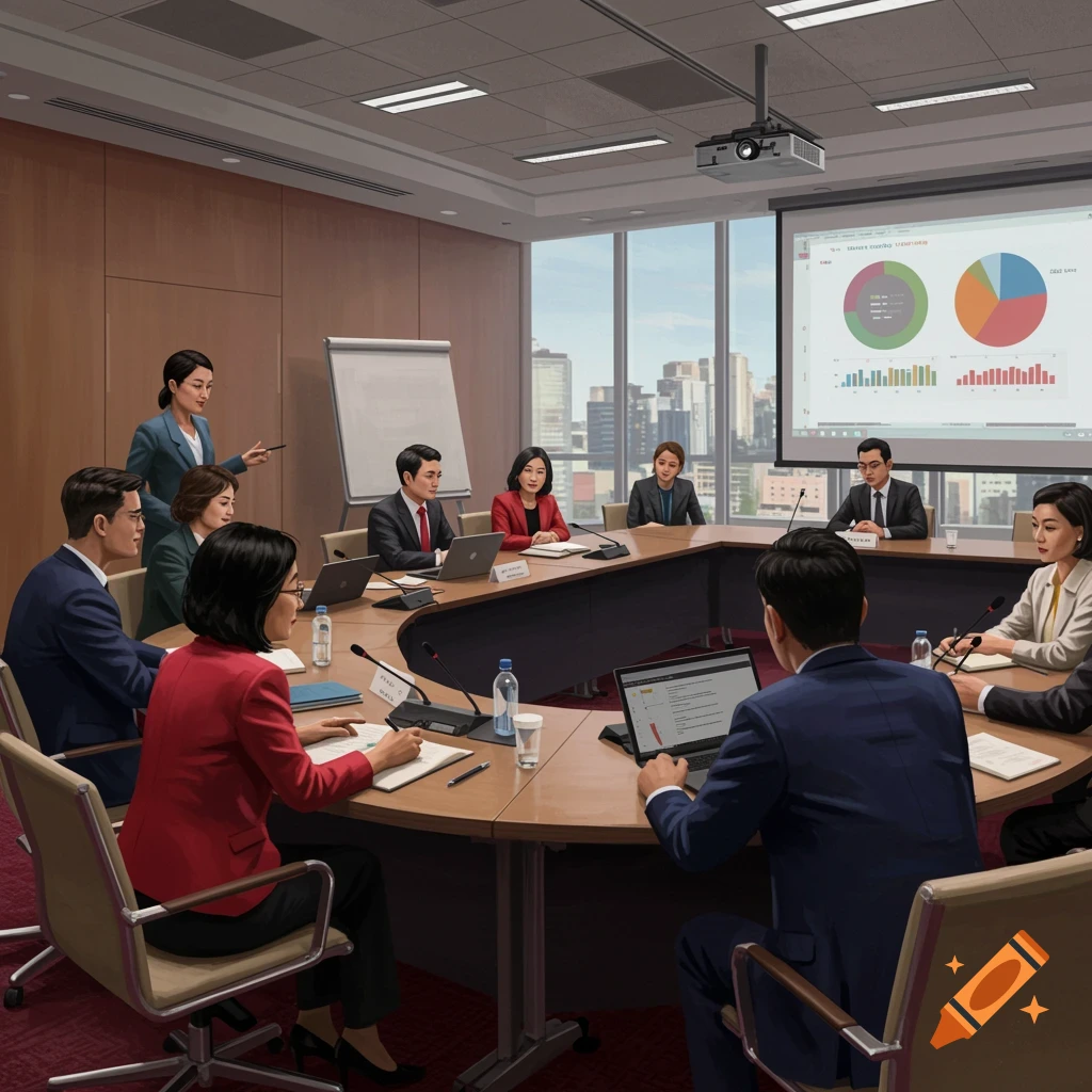 Corporate conference room with bored employees, digital sketch style on ...