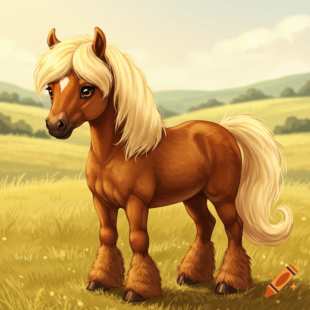 Cute cartoon horse with blonde mane standing in a field. on Craiyon