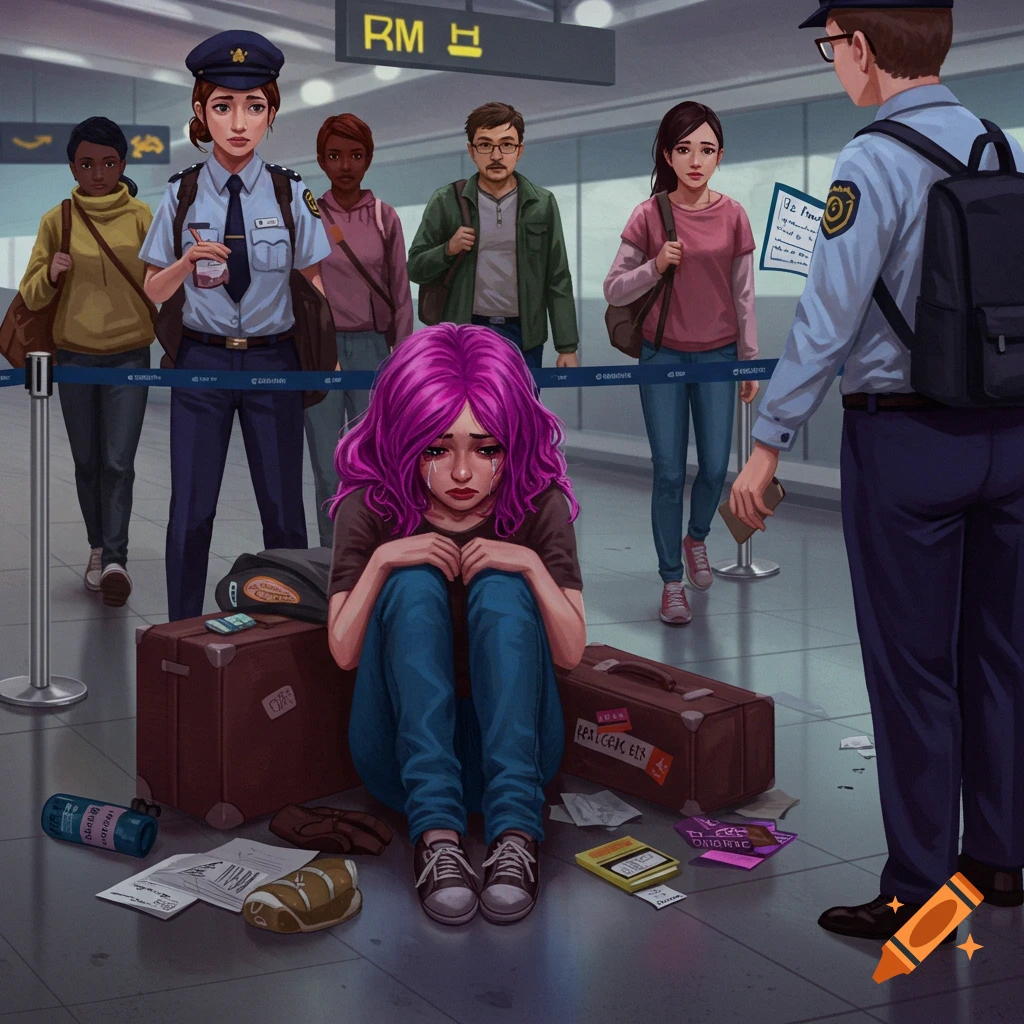 Illustrated scene of a crying person with pink hair sitting by luggage ...