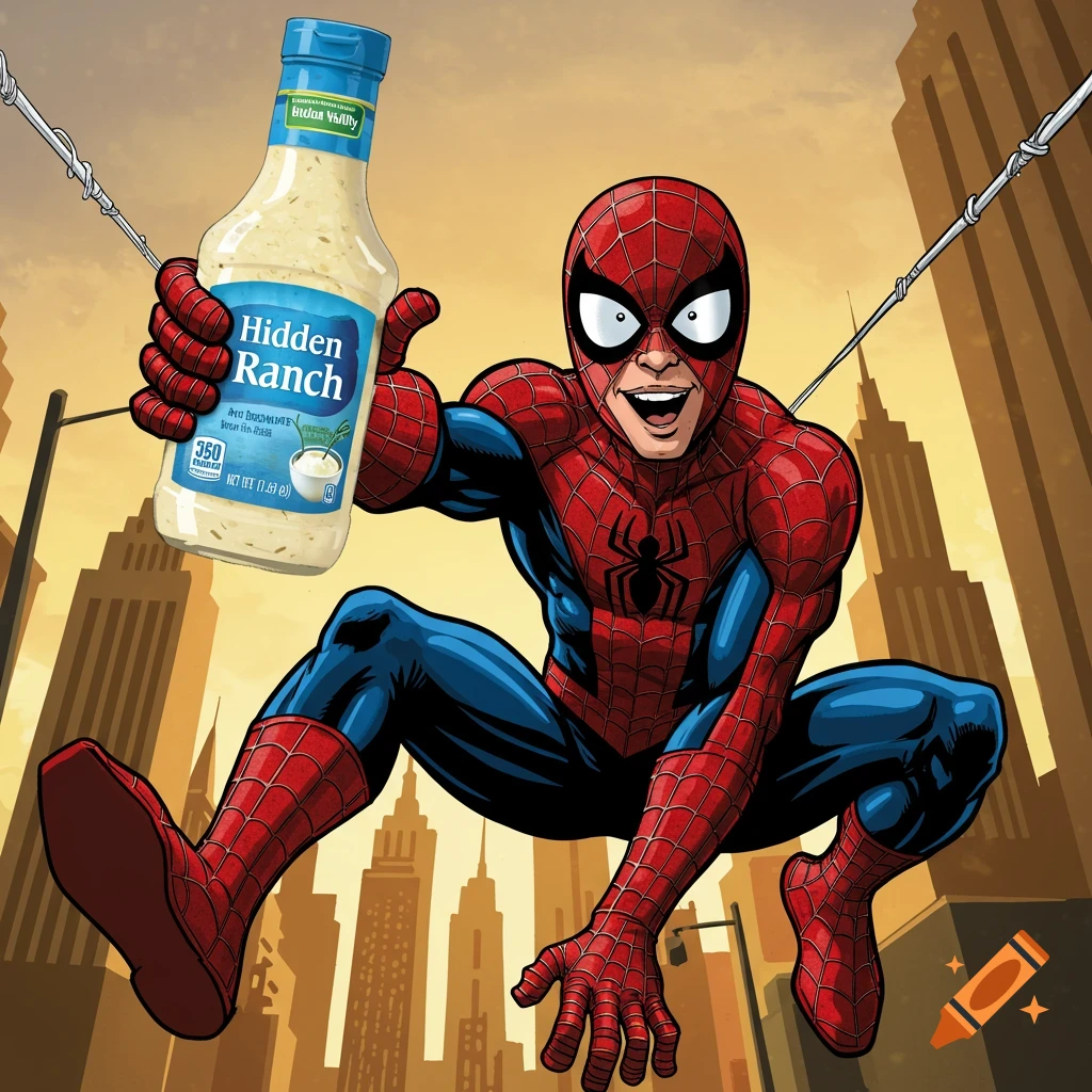 Spider-Man swings through a city, holding up a bottle of Hidden Ranch ...