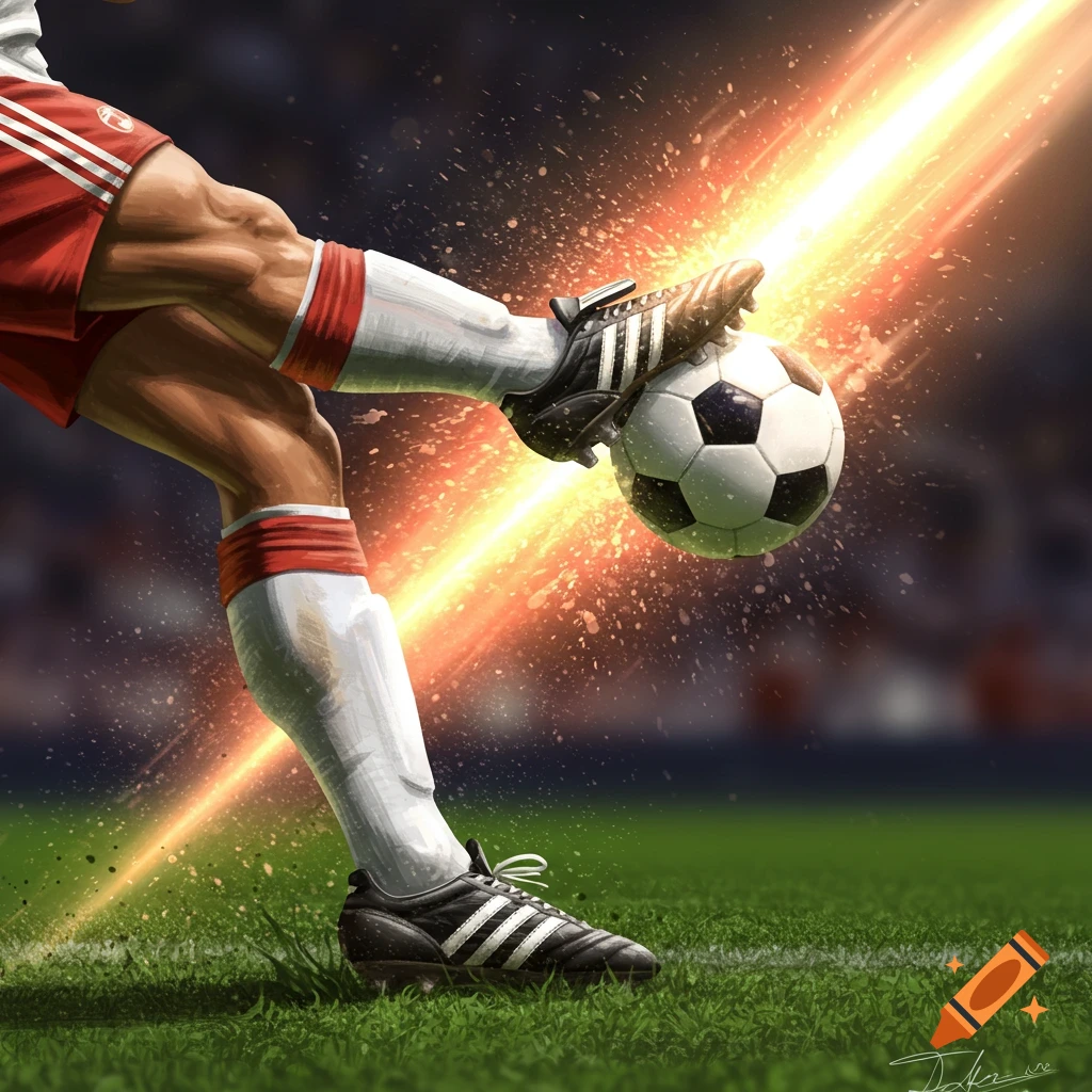 Soccer player kicking ball with Adidas boots on Craiyon