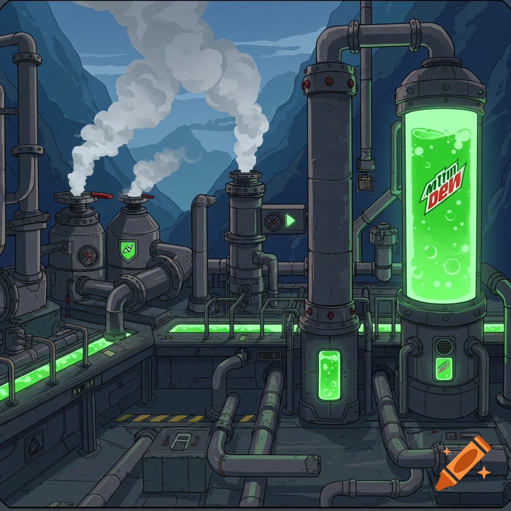 Satisfactory game refinery producing Mountain Dew on Craiyon