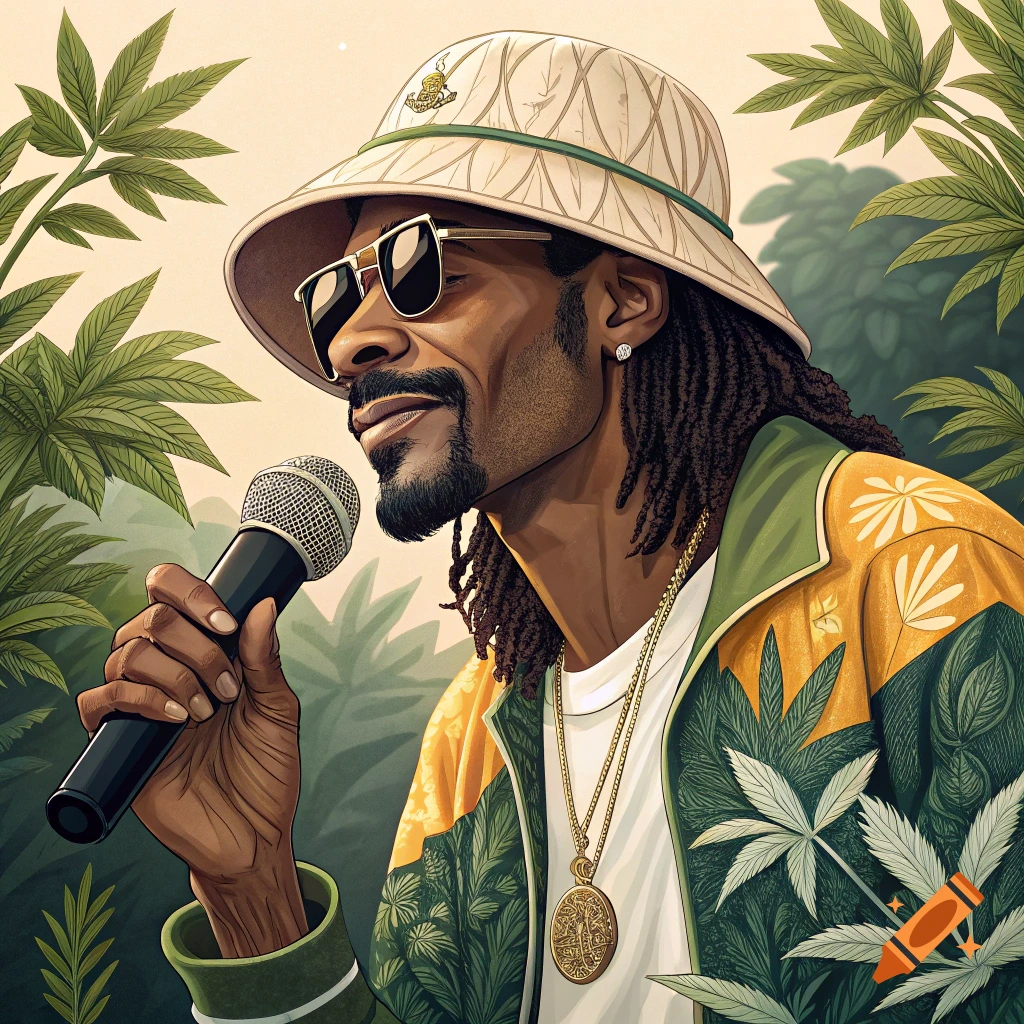 Illustration of Snoop Dogg holding a microphone in a jungle setting ...