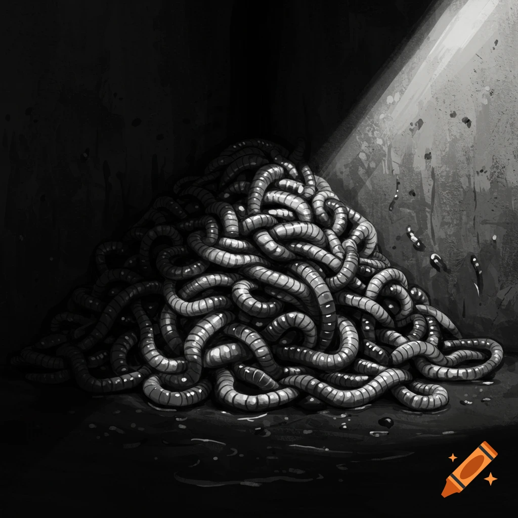 Black and white pile of worms in a dark room with dramatic lighting. on ...