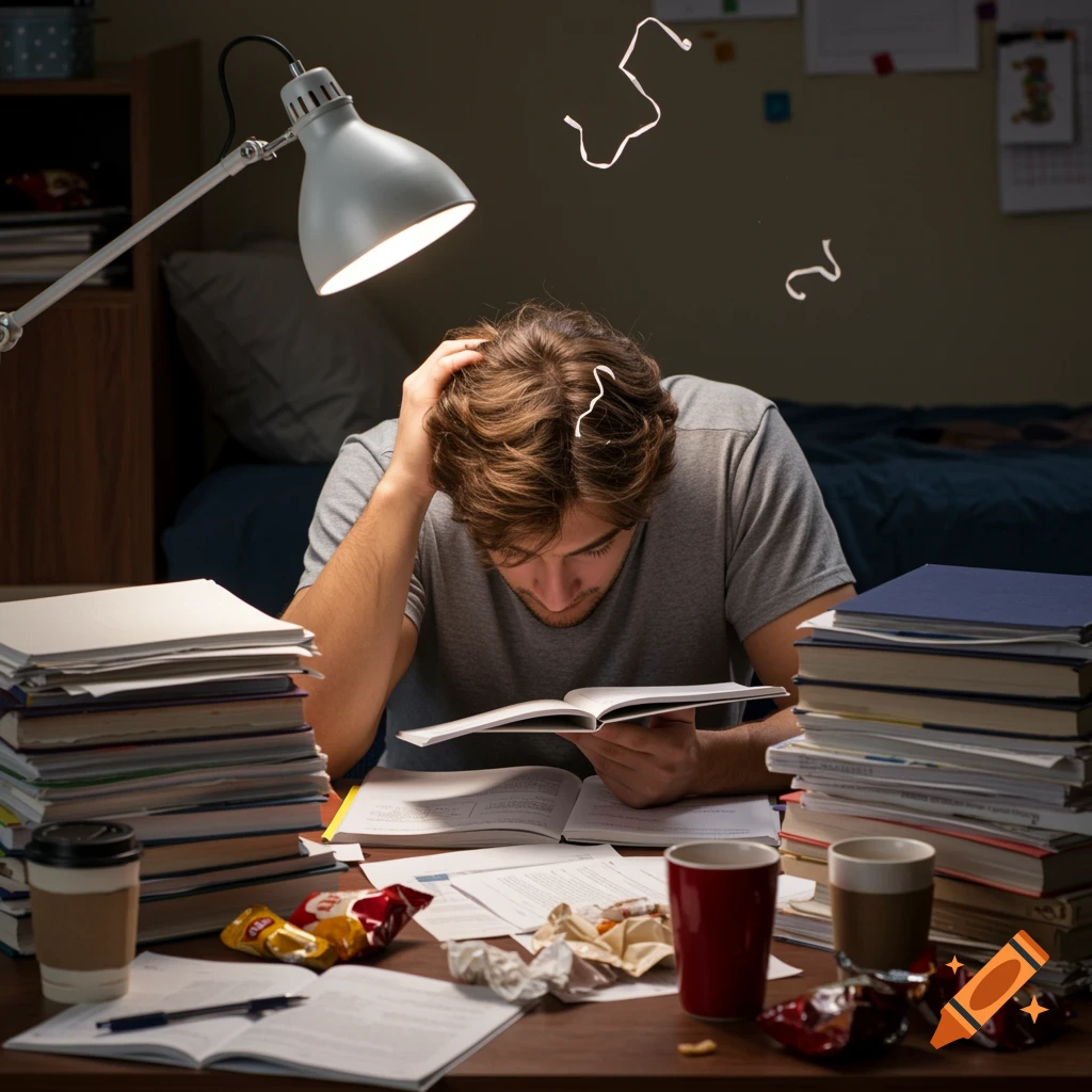 Miserable college student overwhelmed with work at desk, photorealistic ...
