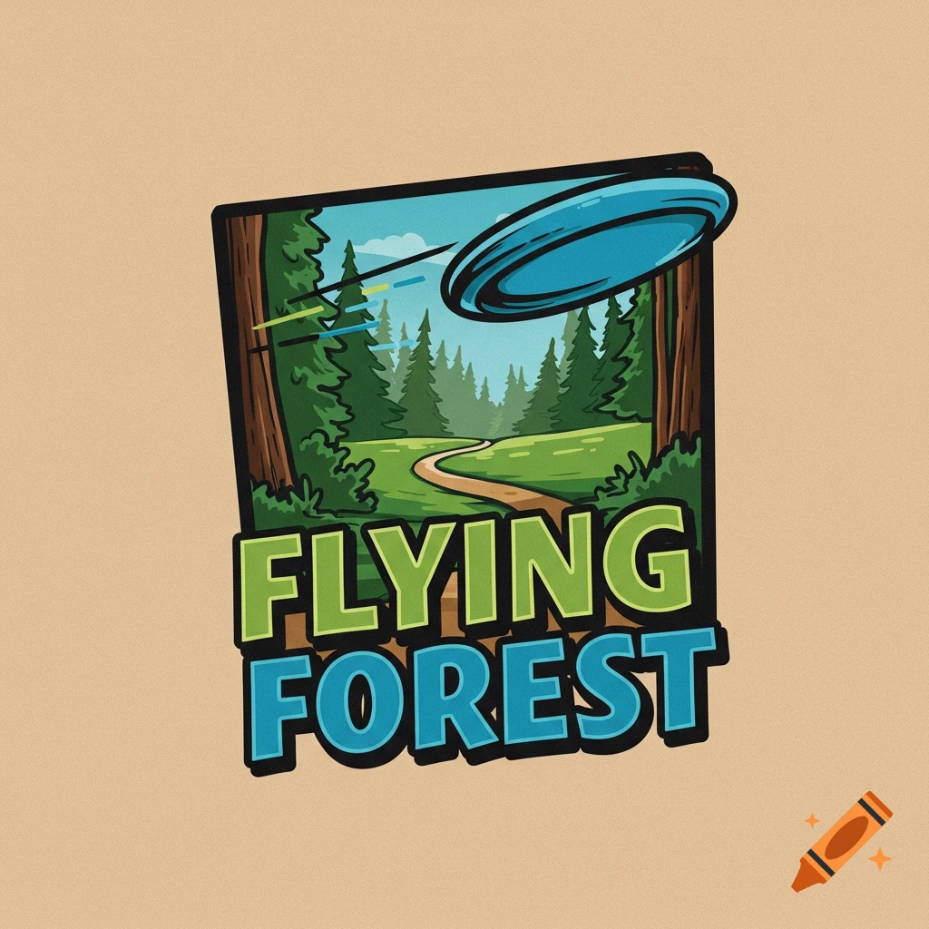 A logo illustration of a flying disc over a forest path inside a frame, with 'FLYING FOREST ...