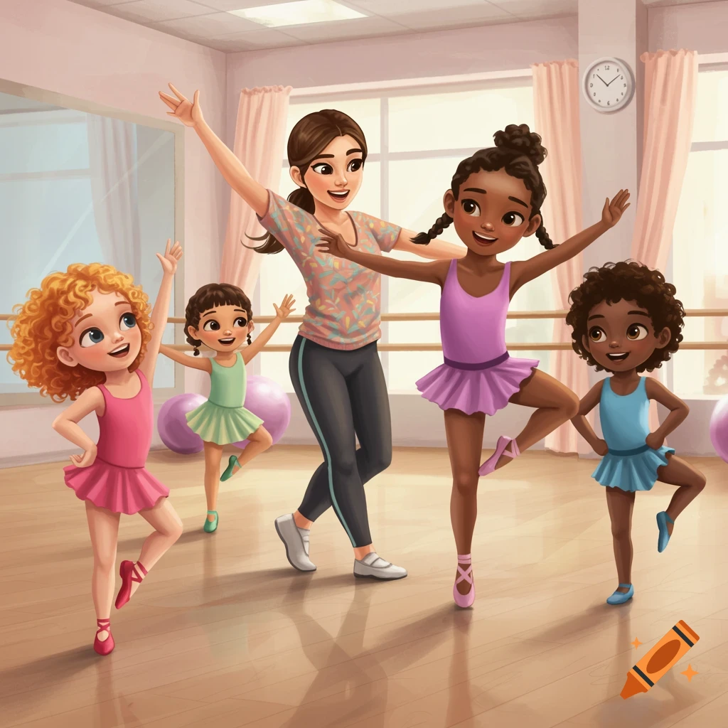 Illustration of a dance teacher instructing three young girls in a ...