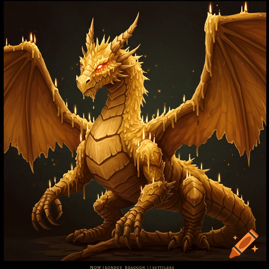 A large fantasy dragon made of golden candle wax with many lit candles ...