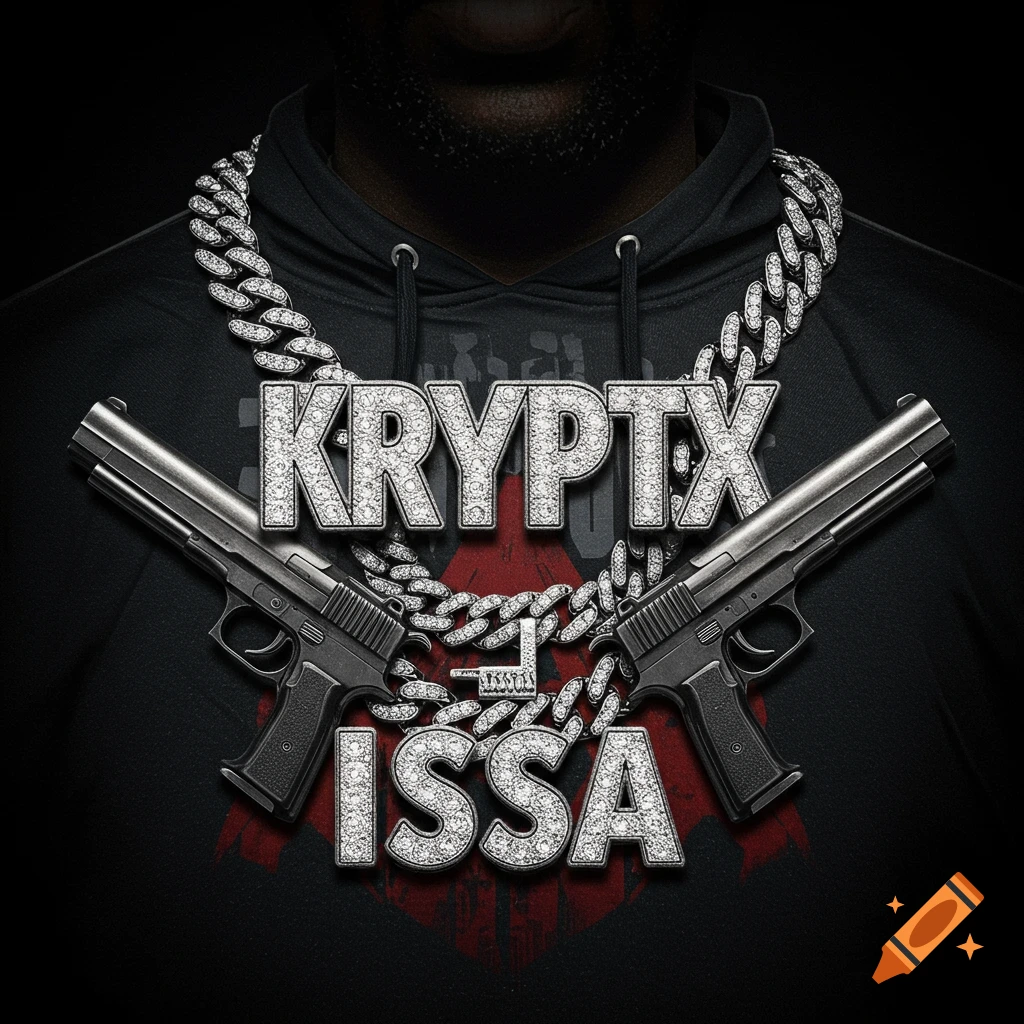 Close-up of a person wearing a large diamond chain with the words ...