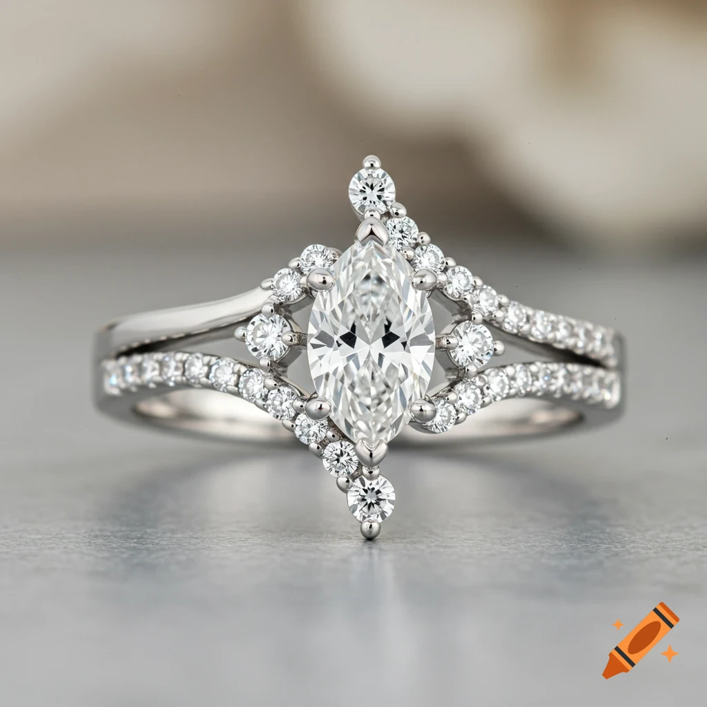 A close-up of a platinum marquise diamond engagement ring with cluster ...