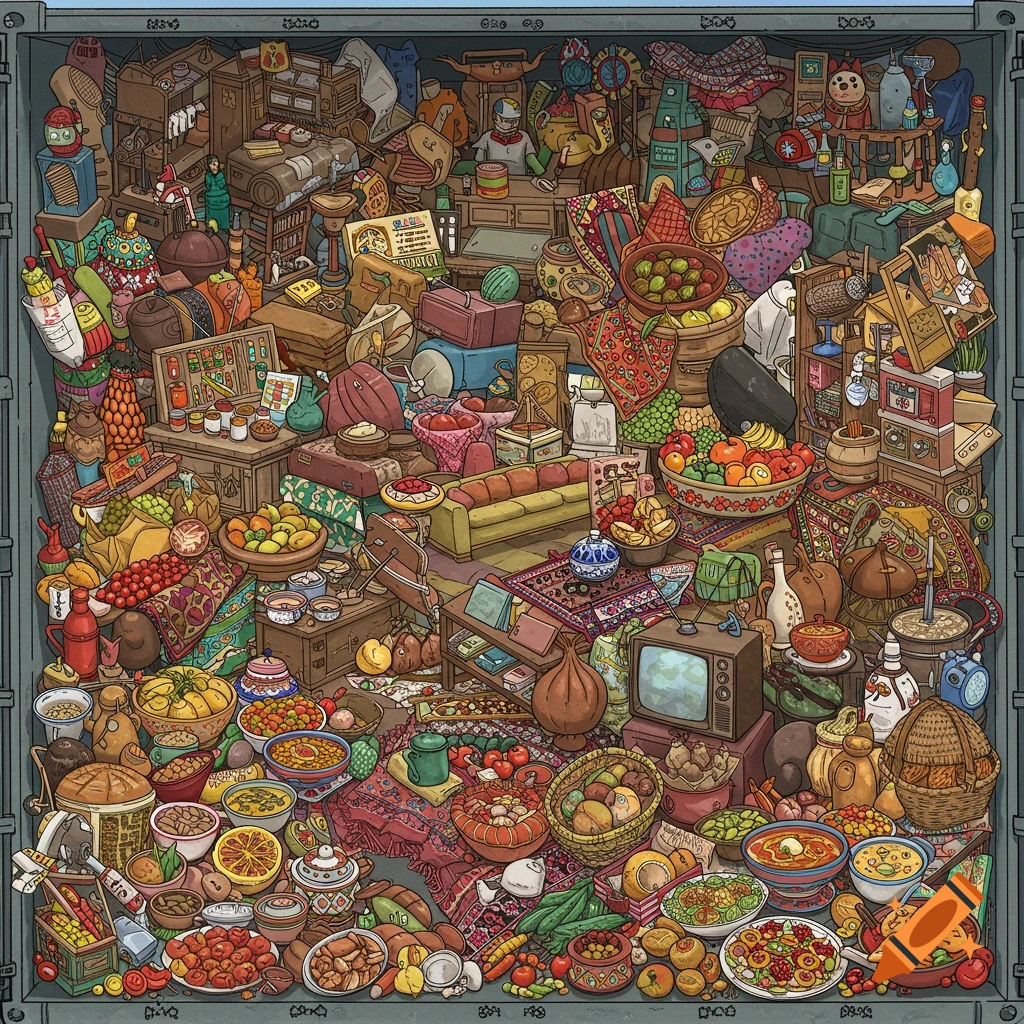 Giant container filled with assorted items, foods, furniture and ...