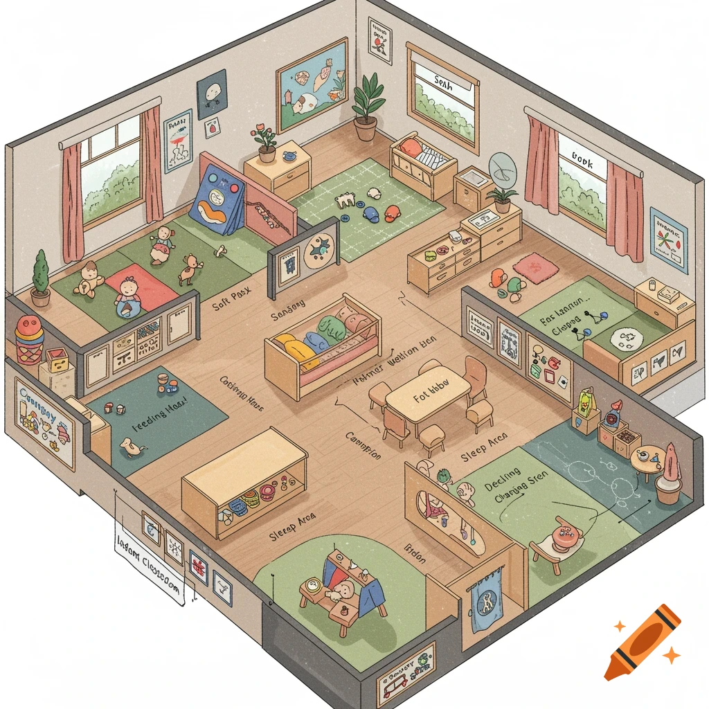 Infant classroom floor plan with clear labels on Craiyon