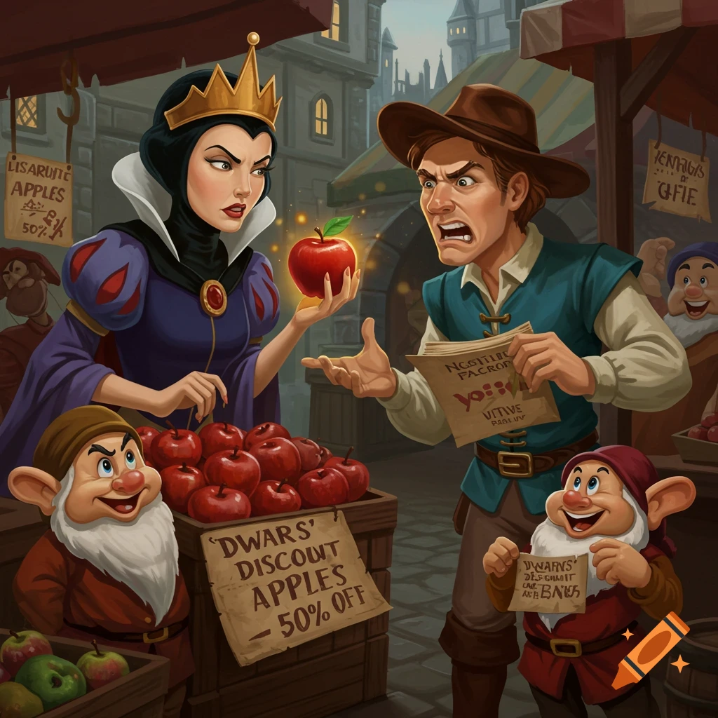 Stylized illustration of the Evil Queen offering a glowing apple to a ...