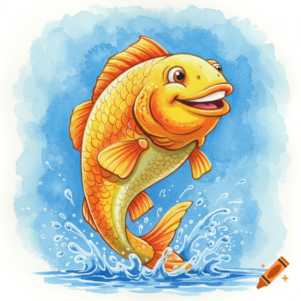 Watercolor illustration of a happy gold fish jumping out of water ...