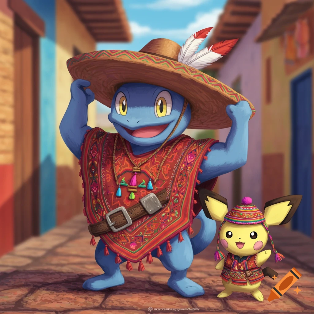 A Squirtle in a sombrero and poncho stands with a Pichu in traditional ...