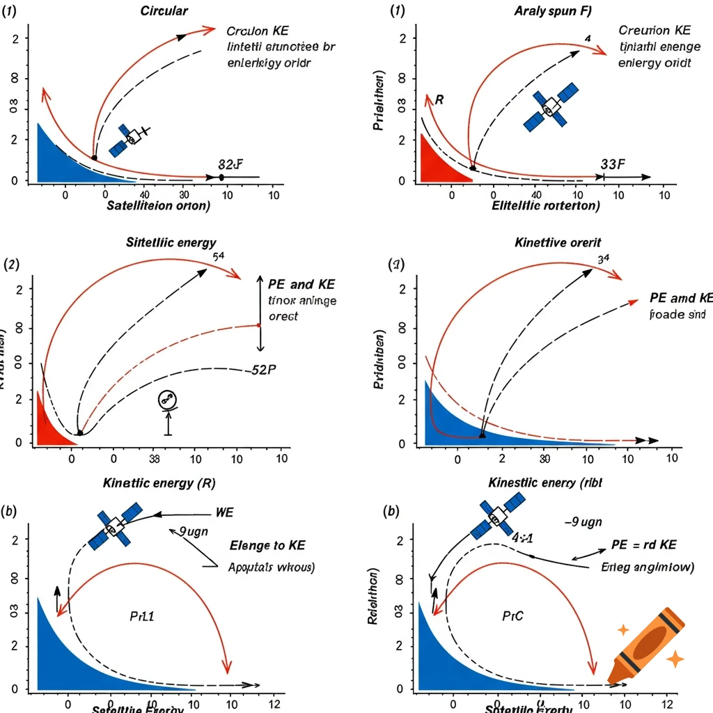 Energy bar diagrams showing PE-KE trade-off of satellite orbits on Craiyon