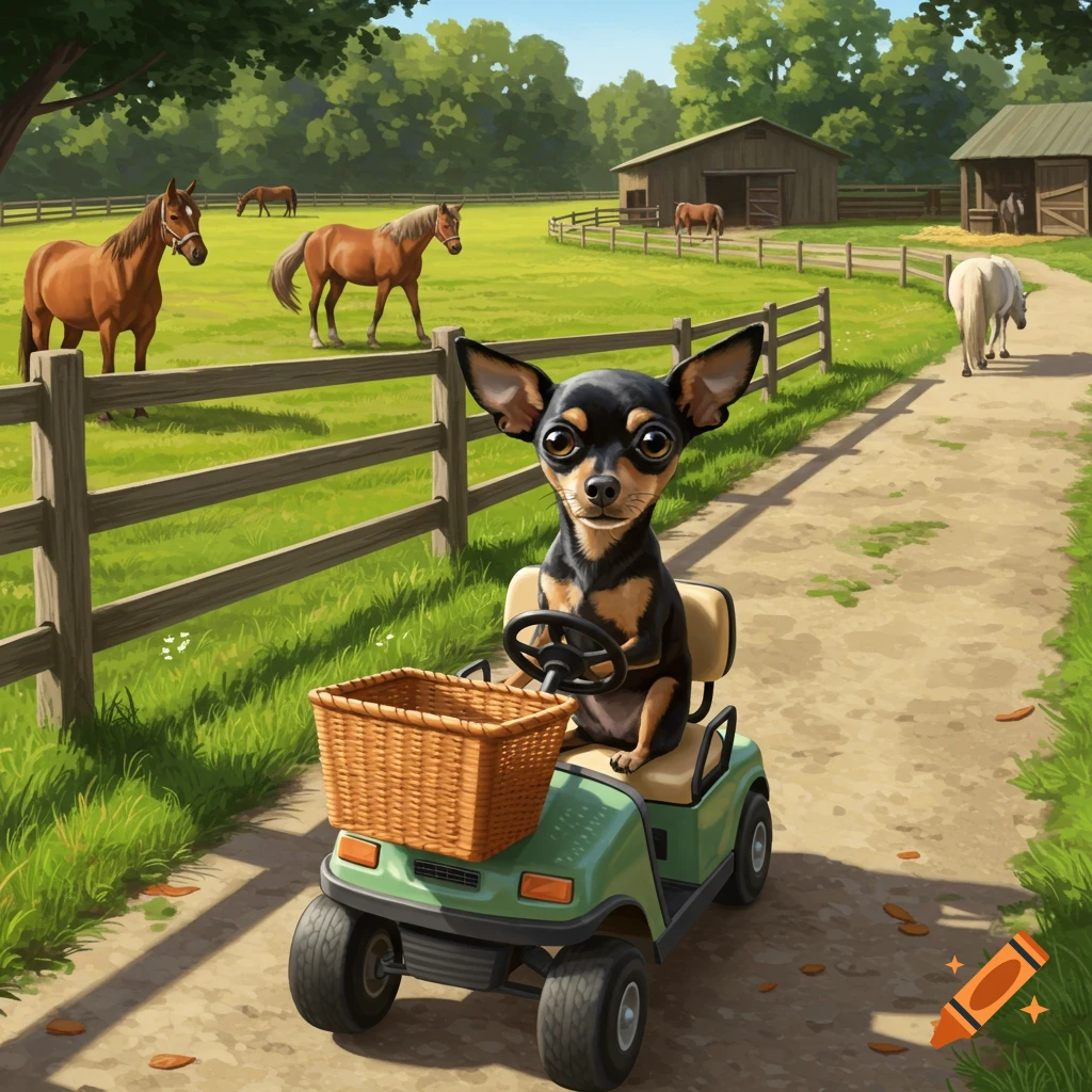 Illustration of a small dog driving a golf cart down a path at a horse ...