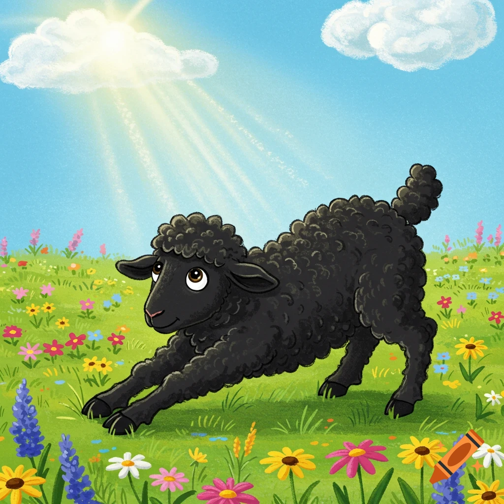 Cartoon black male lamb stretching in a flower meadow on Craiyon