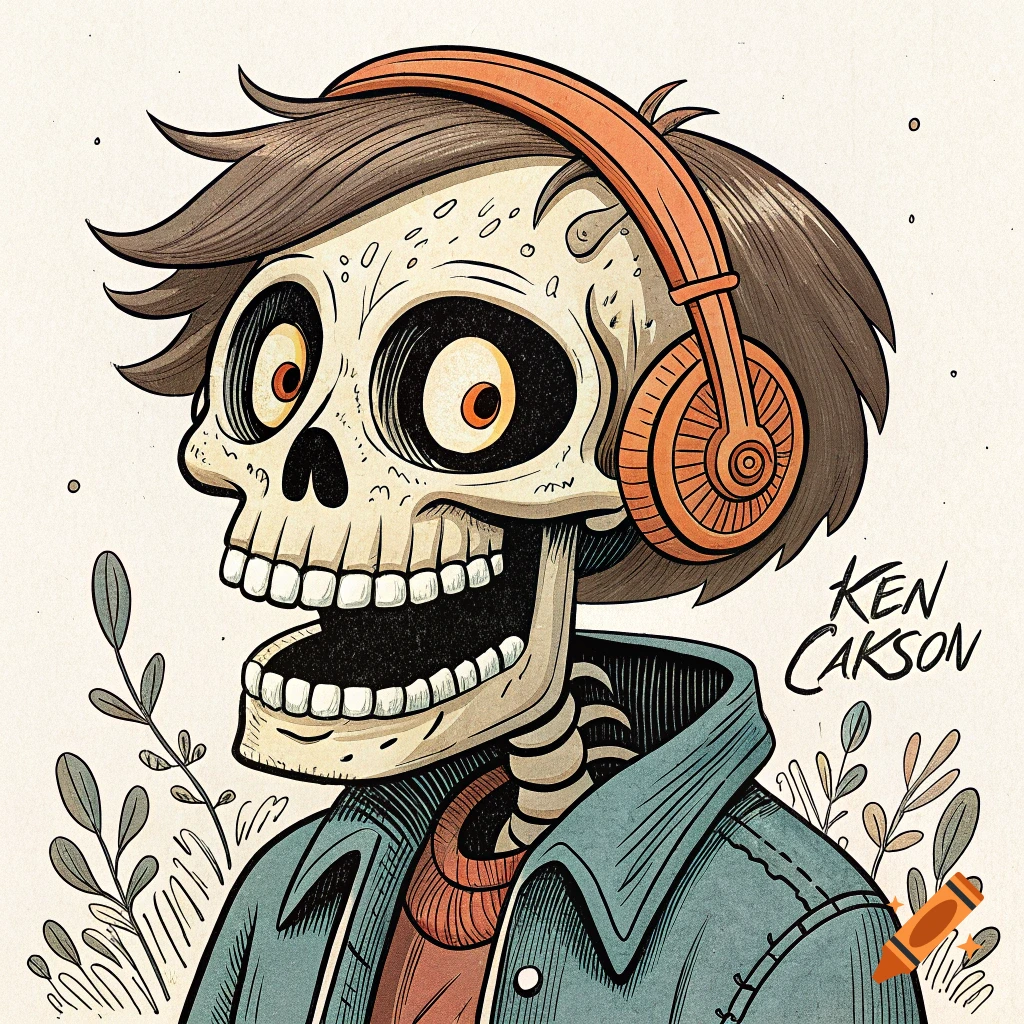 Cartoon skeleton face, Ken Carson CHAOS album cover design on Craiyon