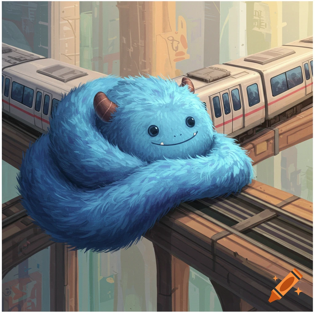 A cute blue furry monster sits on elevated train tracks above a city as ...