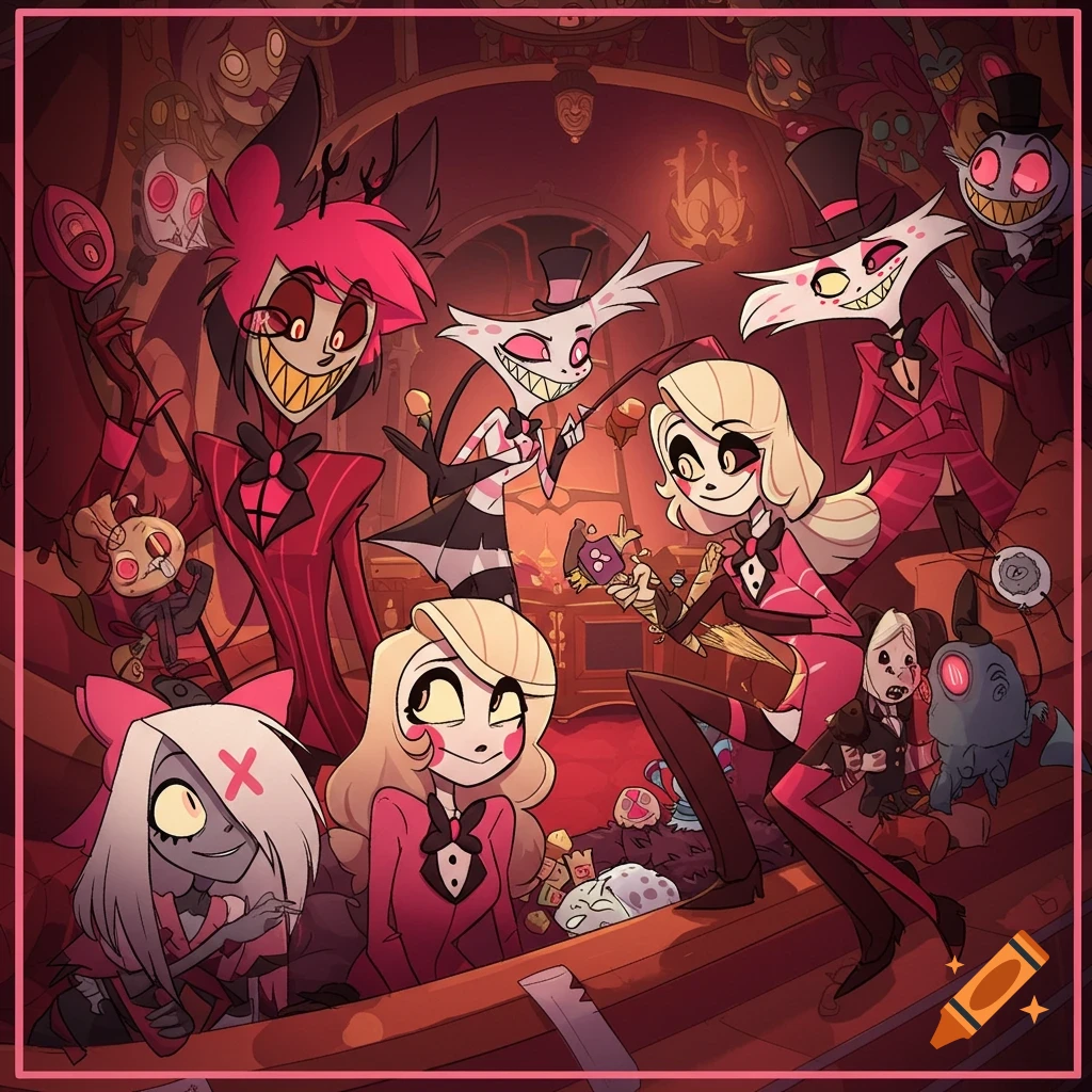 Multiple Hazbin Hotel characters in a room in the show's animated style ...