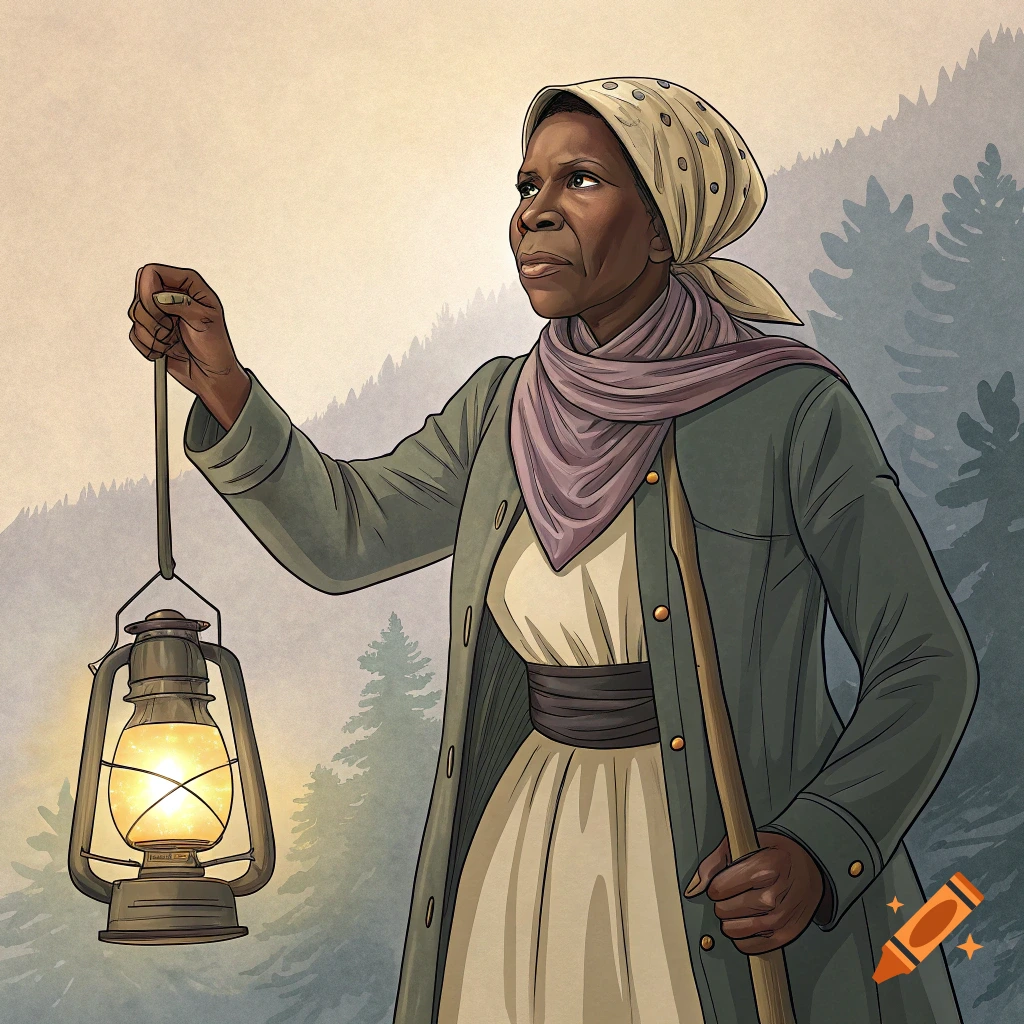 Illustration of Harriet Tubman holding a lantern and staff, looking ...