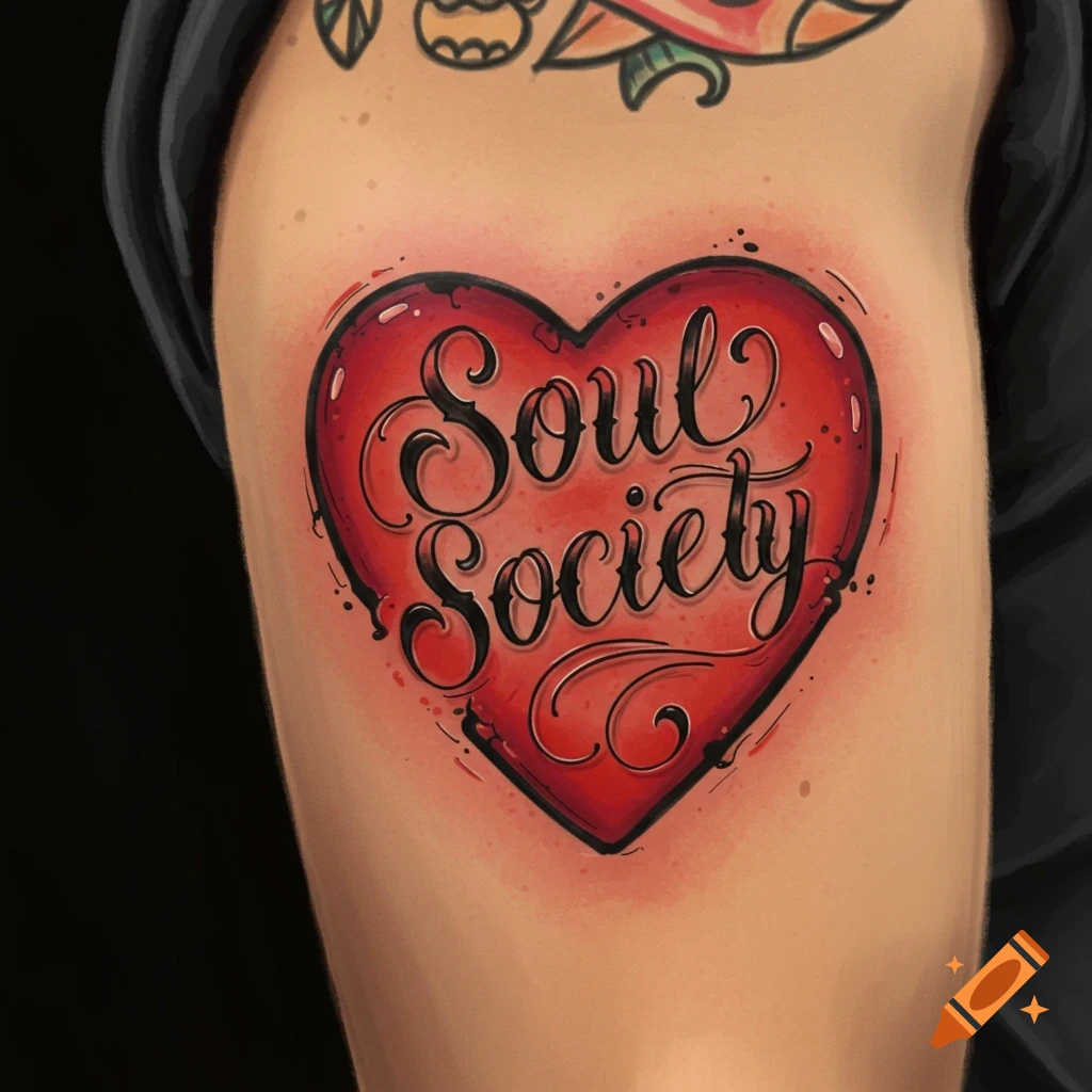 Illustrative tattoo of a red heart with 'Soul Society' text on a bicep ...