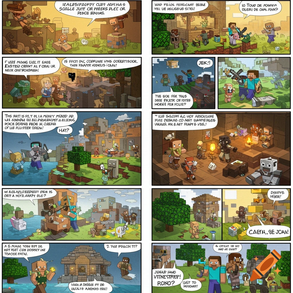 Minecraft comic strip summary on Craiyon