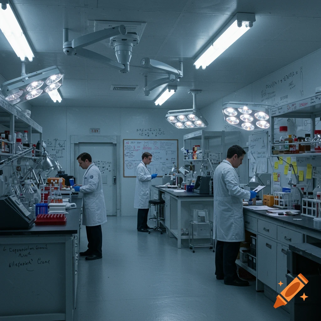 Three doctors in lab coats work at benches filled with equipment in a ...