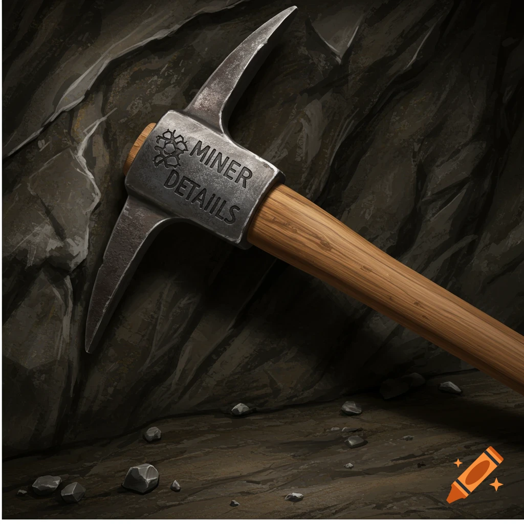 Pick ax with the text 'miner details' on Craiyon