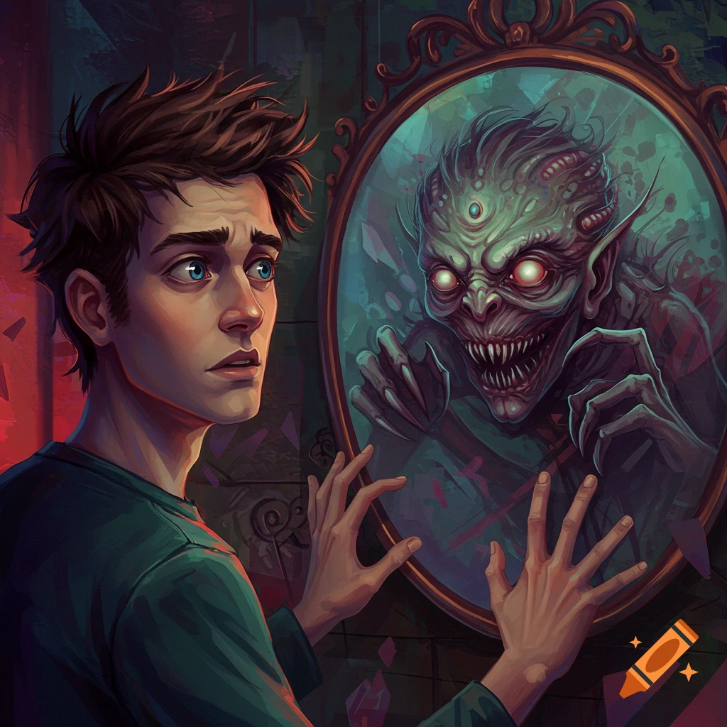 A person looking in a mirror and seeing something different on Craiyon