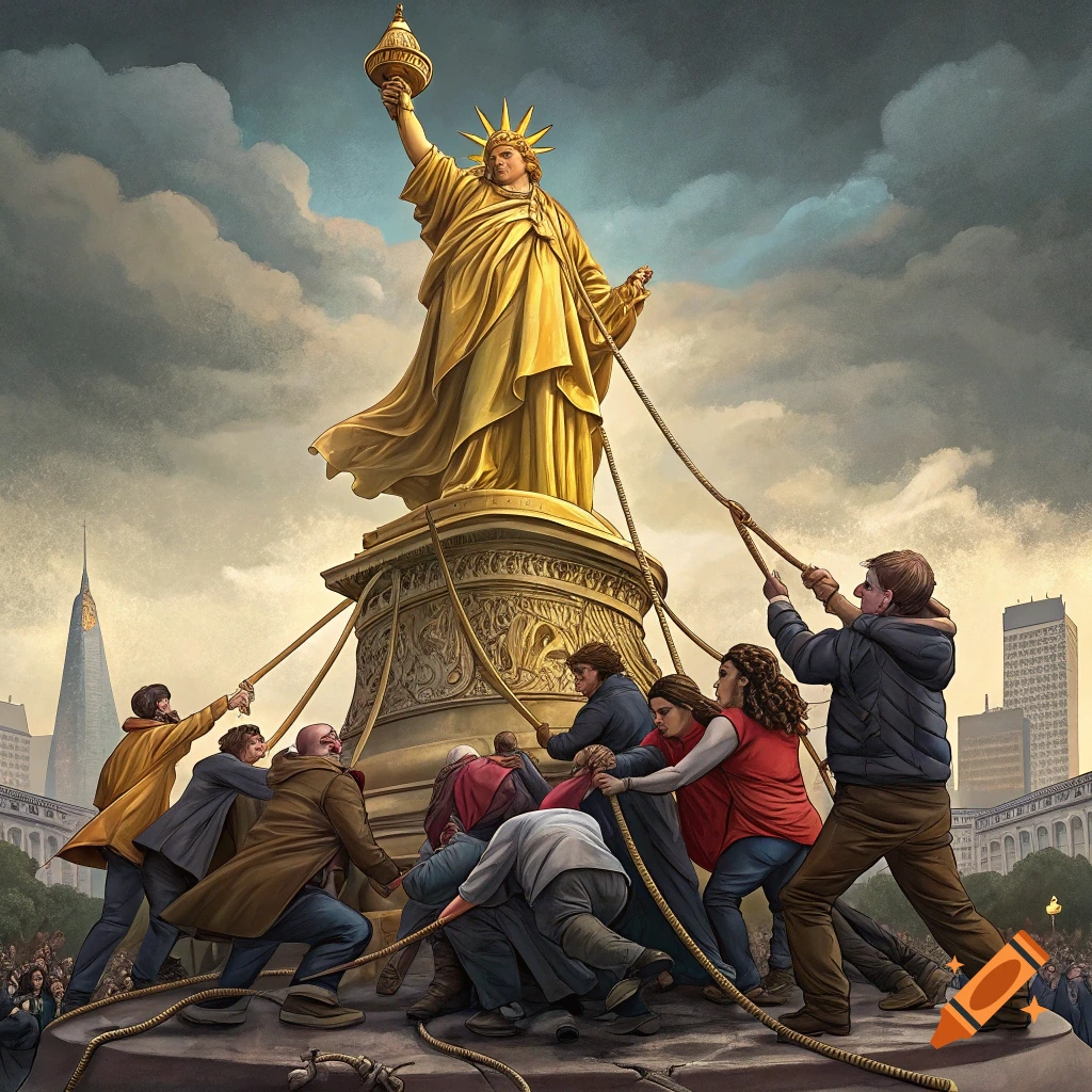 People toppling golden Trump statue on Craiyon