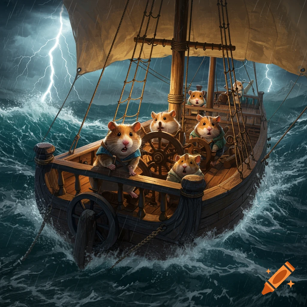 Hamsters sailing ship in a storm, realistic style image. Cinematic ...