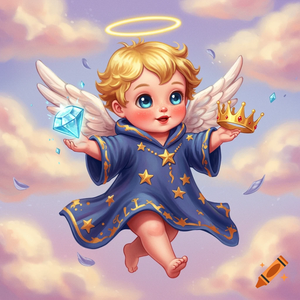 Baby angel with diamond and crown, wearing wizard robe on Craiyon