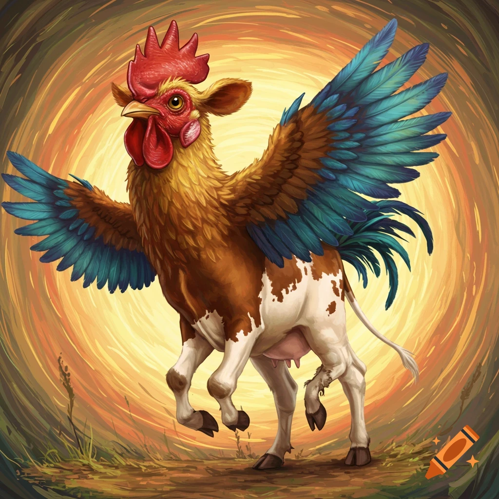 A bizarre hybrid creature with a rooster's head and front body combined ...