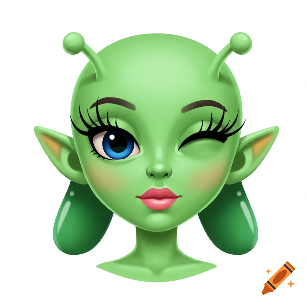 Illustration of a winking green alien character with big eyes and long ...