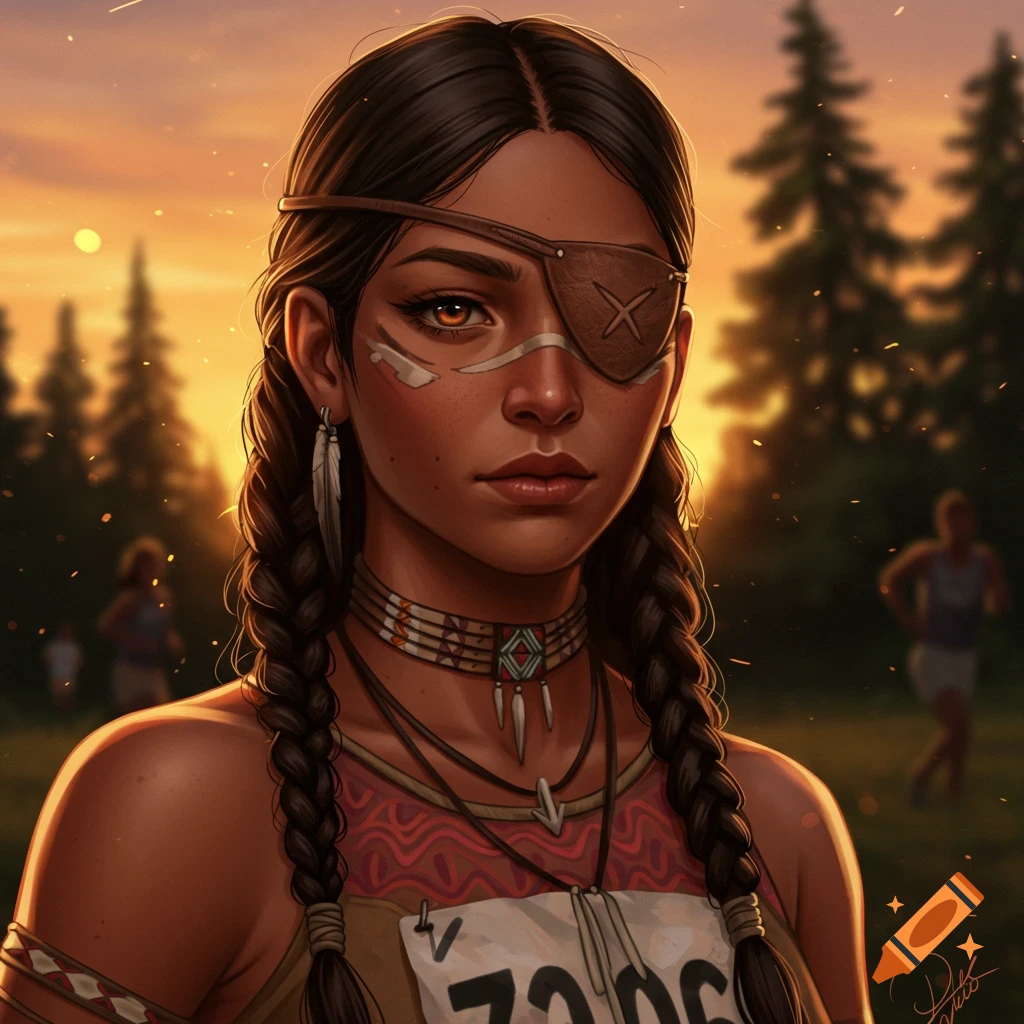 Indigenous 18-year-old girl with eye patch, runner on Craiyon