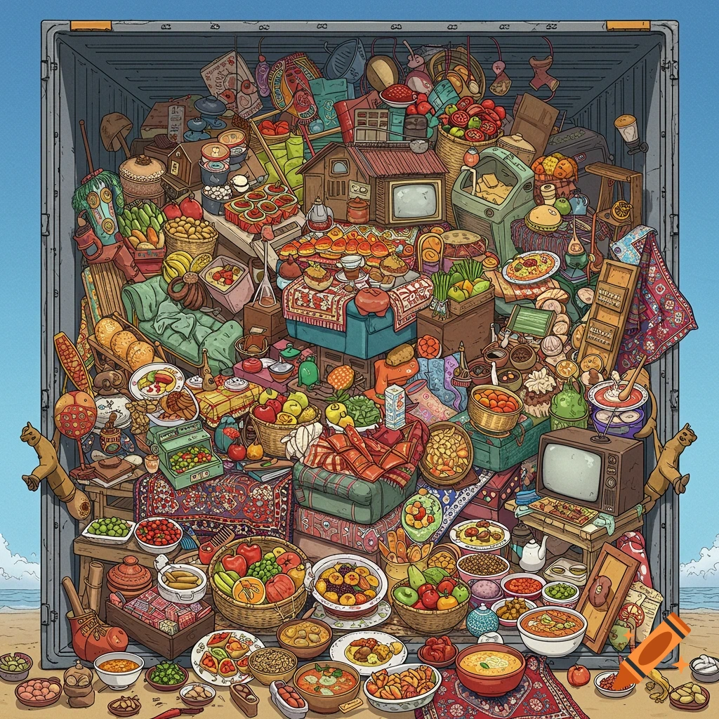 Giant container filled with assorted items, foods, furniture and ...